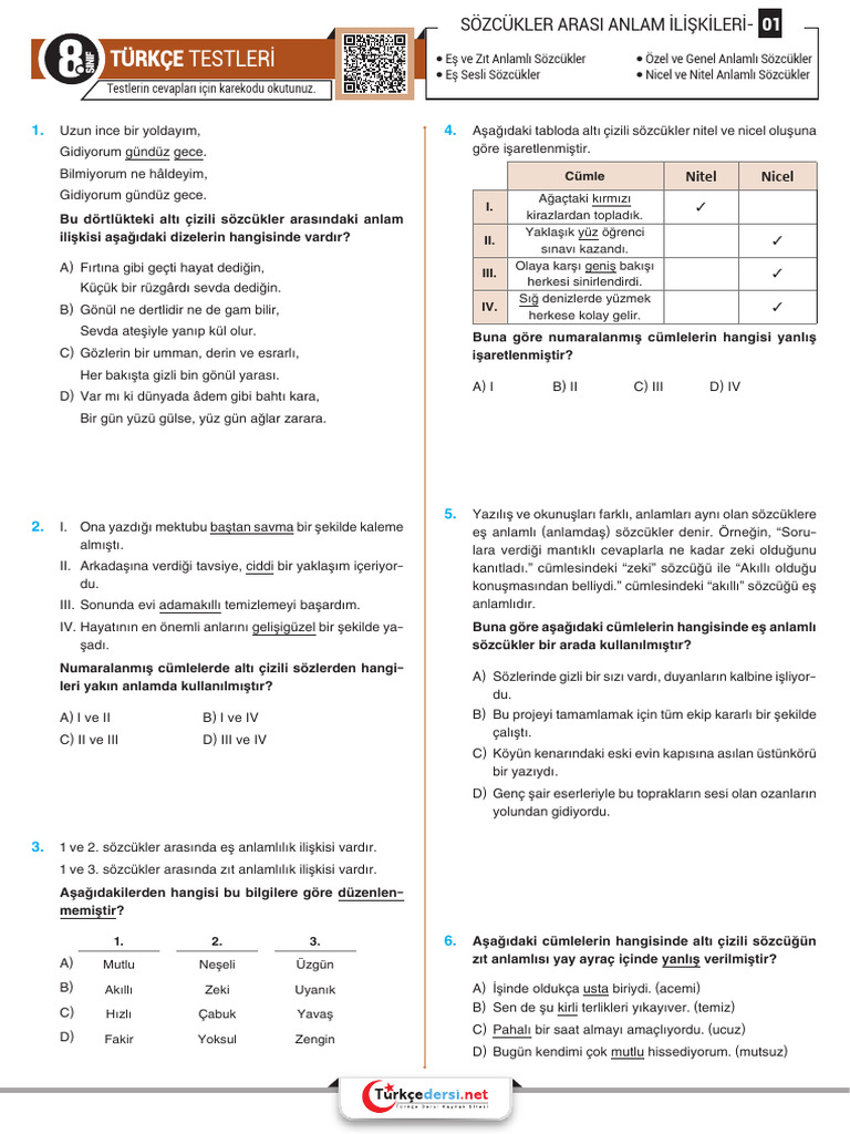 Sinif Indirilebilir Testler Sozcukler Arasi Anlam Iliskileri 01 | PDF