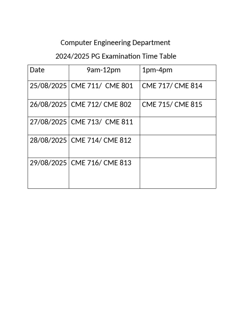 CompEng 2024 2025 PG MOUAU Exam Time Table | PDF