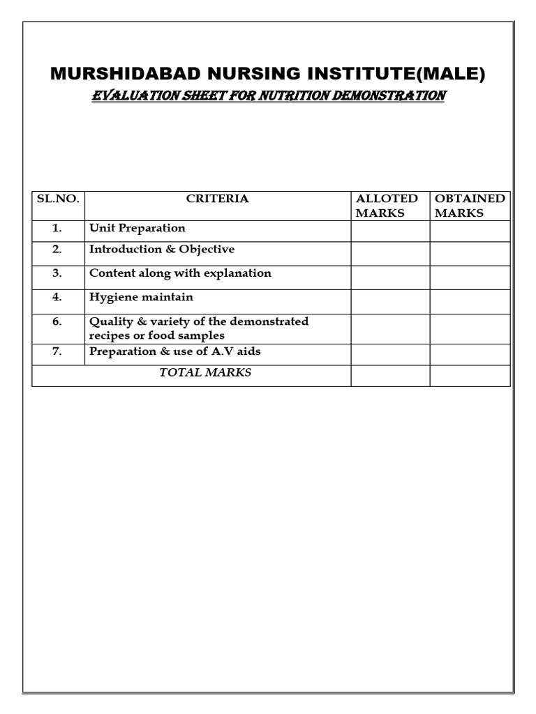 Nutrition Demonstration Evaluation Sheet | PDF
