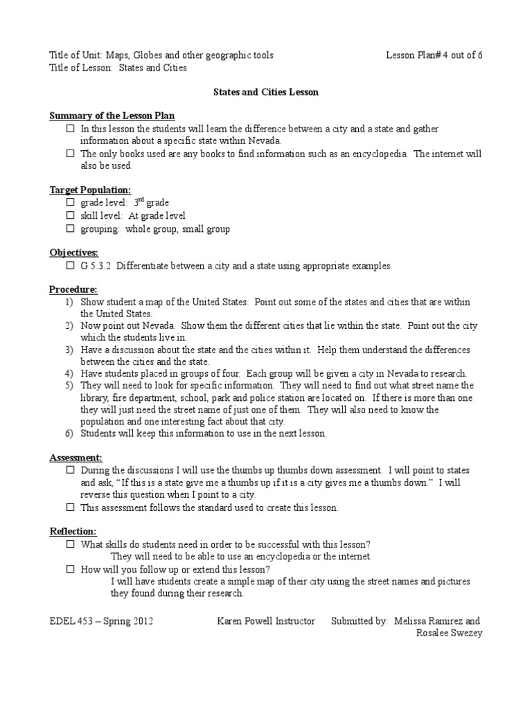 States and Cities Lesson Plan for 3rd Grade | PDF | Lesson Plan | Geography