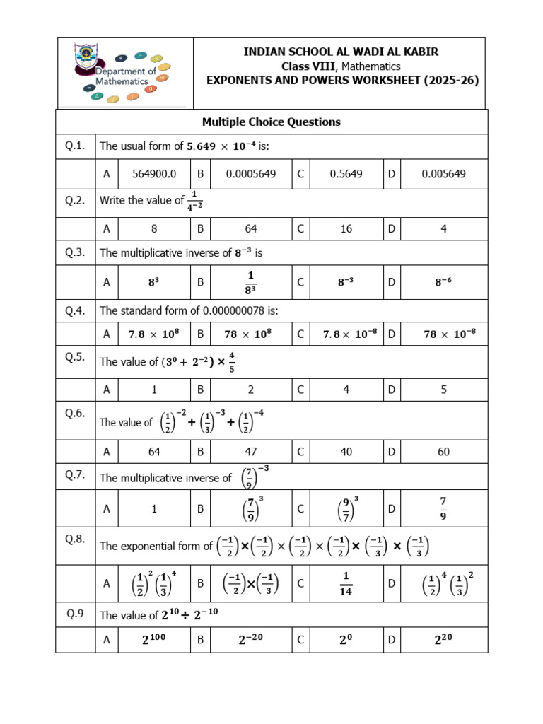 Exponents and Powers Worksheet VIII | PDF | Exponentiation | Elementary ...