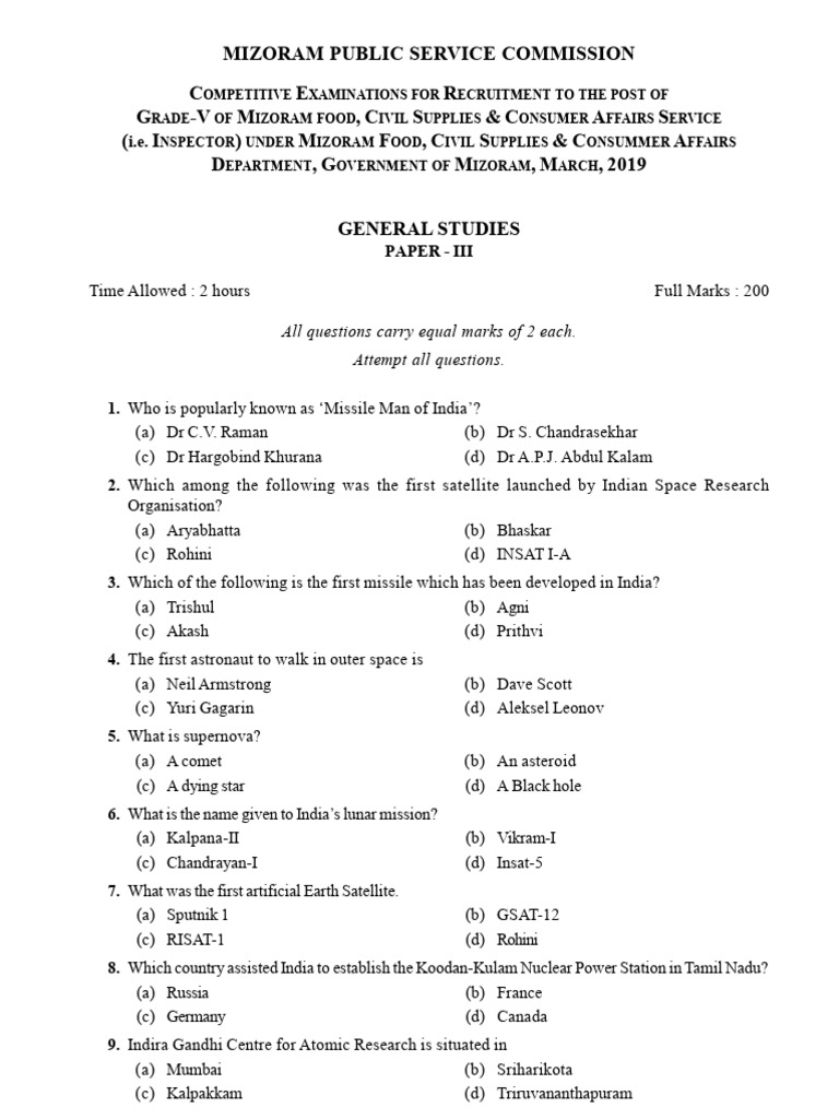 Inspector Under Fcs Ca Dept 2019 General Studies Paper III | PDF