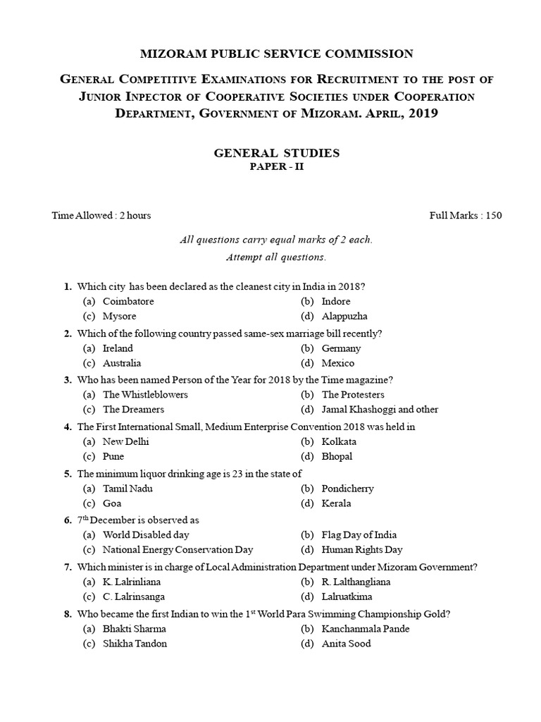 Mizoram Junior Inspector Exam 2019 | PDF | Speed