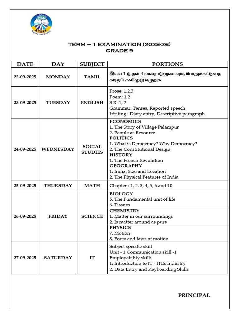 Grade-9 Term - 1 Exam Timetable and Portions | PDF