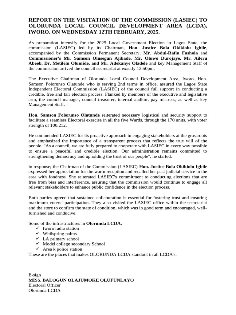 Olorunda Lcda Report on Familiarization Tour | PDF | Democracy ...