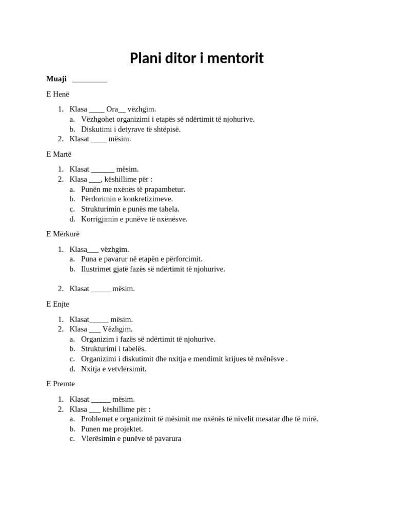 Plani Ditor i Mentorit | PDF