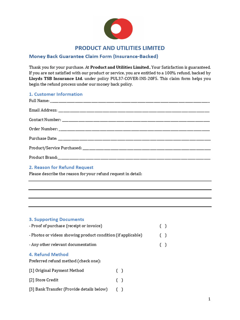 Money Back Guarantee Claim Form 00284 | PDF | Receipt