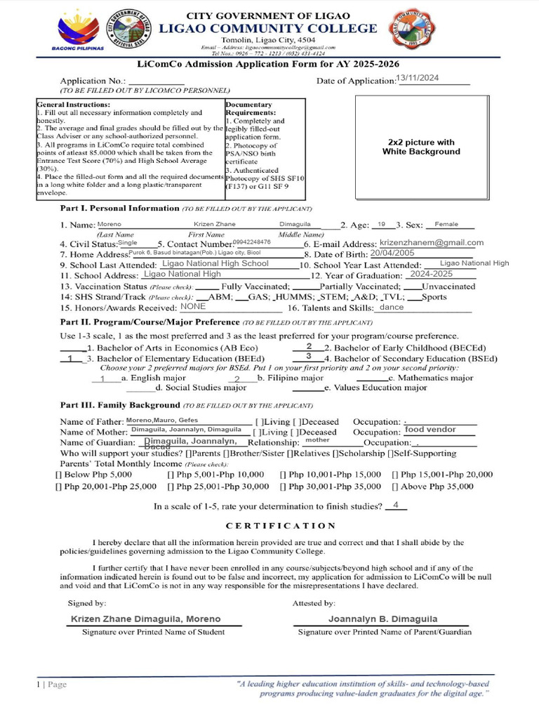 Moreno Krizen Zhane Dimaguila Licomco Admission Application 25 26 | PDF
