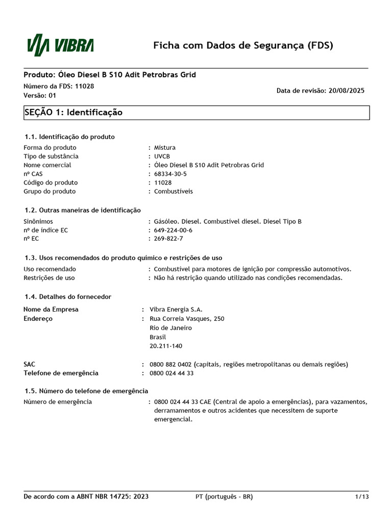 Ficha de Segurança do Óleo Diesel B S10 | PDF | Águas residuais ...