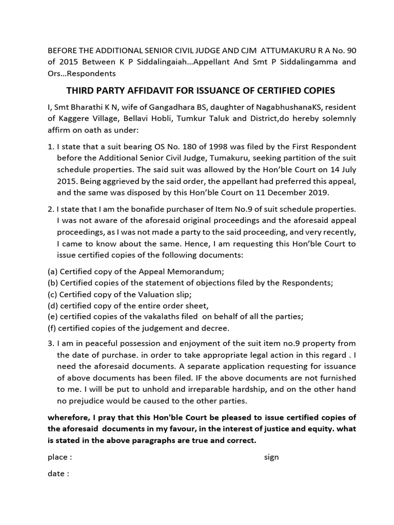 Third Party Affidavit for Certified Copies | PDF