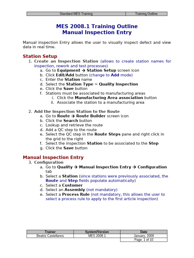 17 MES 2008 1 Manual Inspection Entry Training Outline | PDF | Software ...