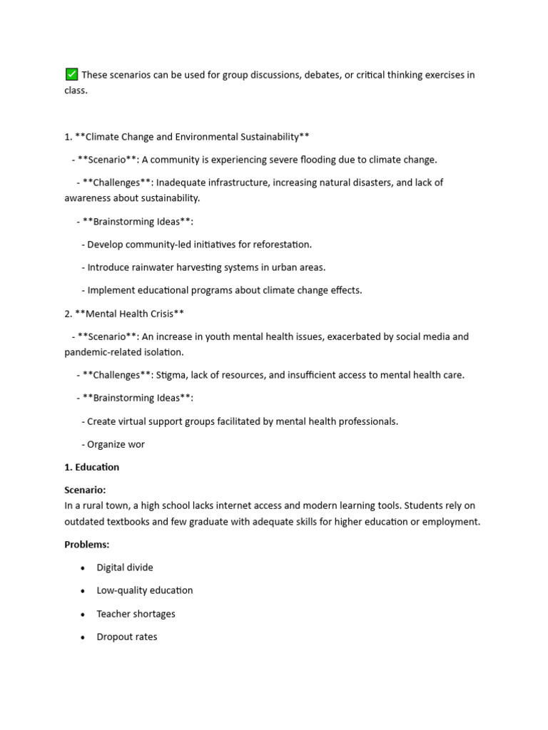 Critical Thinking Scenarios for Classrooms | PDF | Mental Health | Poverty