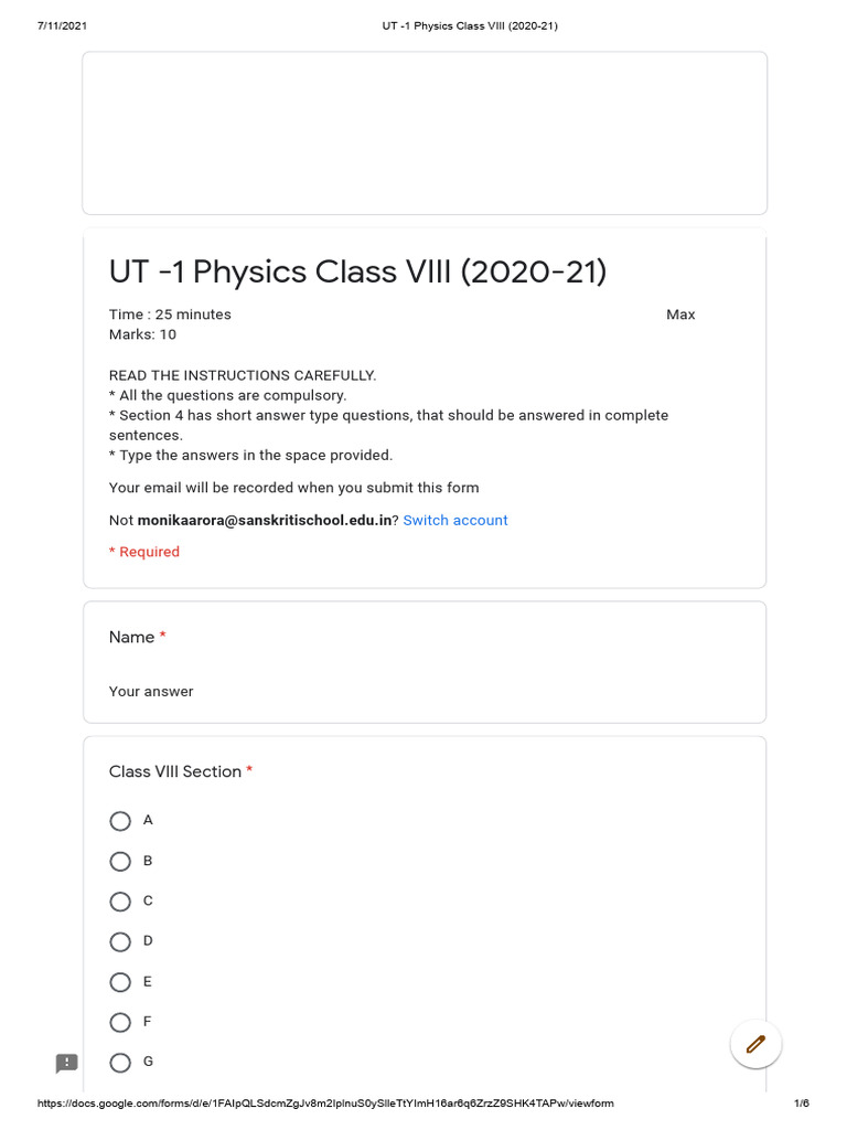 QP3751 - UT - 1 Physics Class VIII (2020-21) PDF | PDF | Optics ...