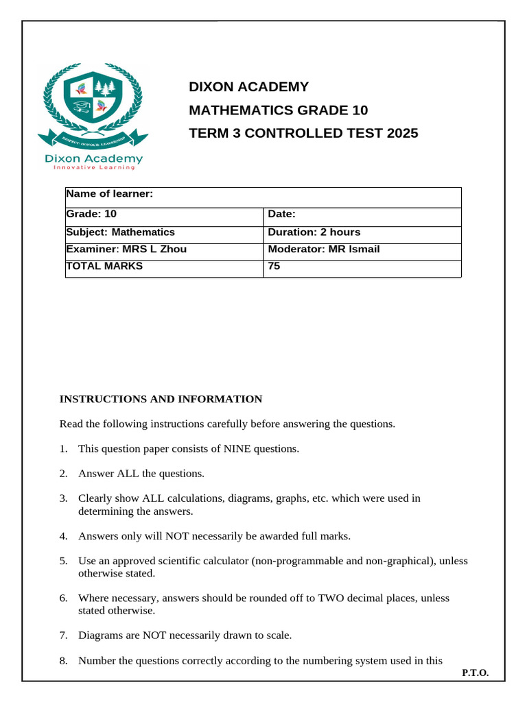 Mathematics Grade 10 Control Test | PDF
