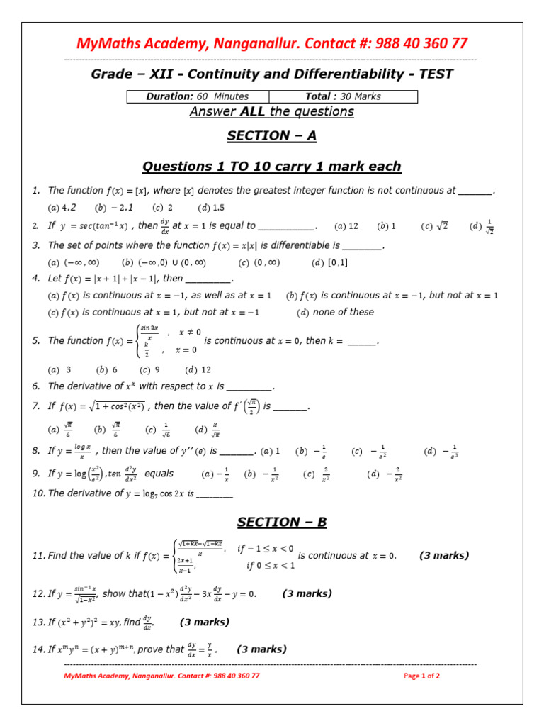 12th CBSE TEST Continuity and Differentiability (30marks) | PDF ...