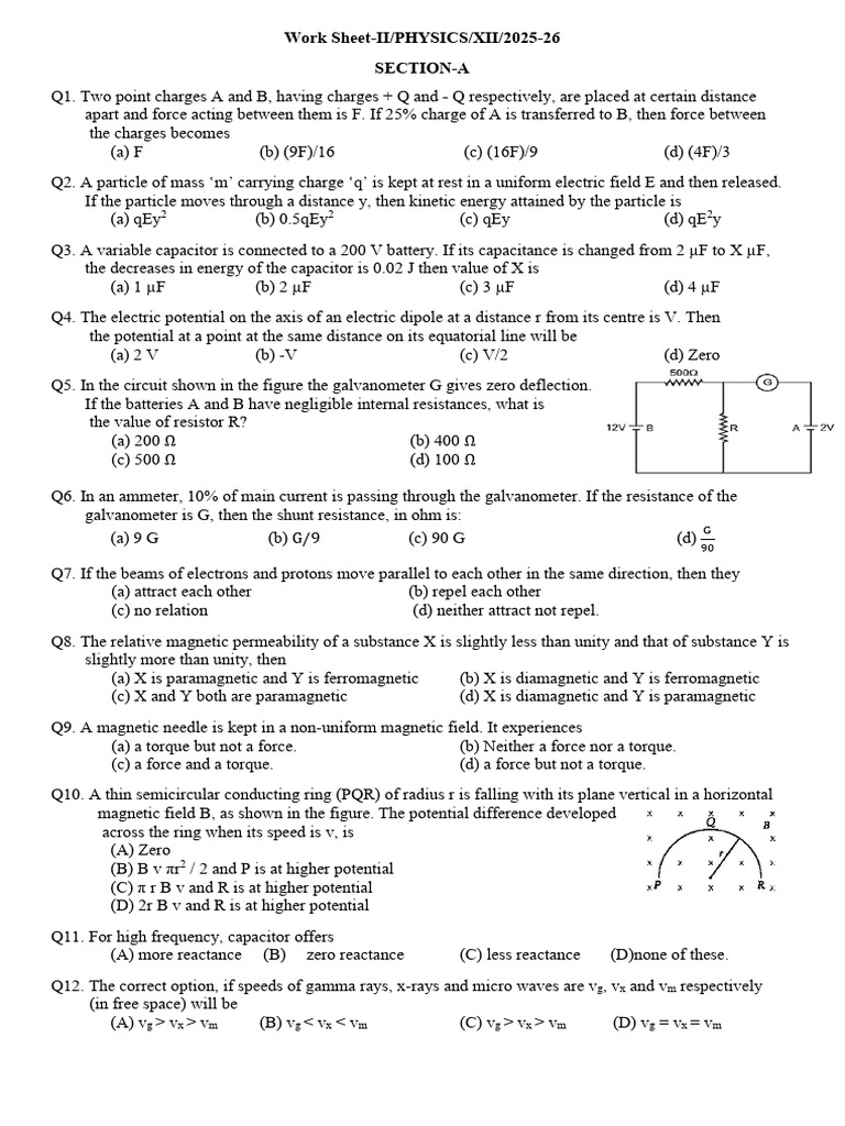 Physics Worksheet for Class XII 2025-26 | PDF | Atoms | Magnetic Field