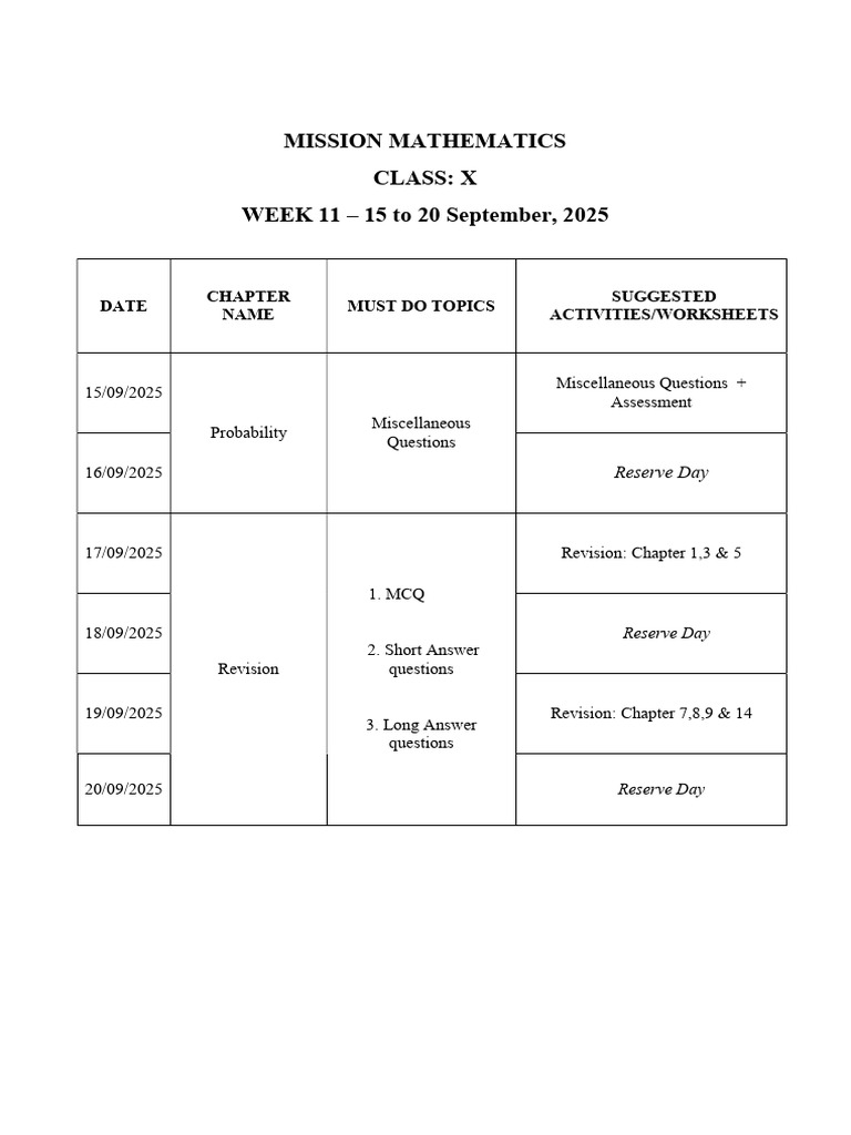 Week11 Mathematics Class10 | PDF