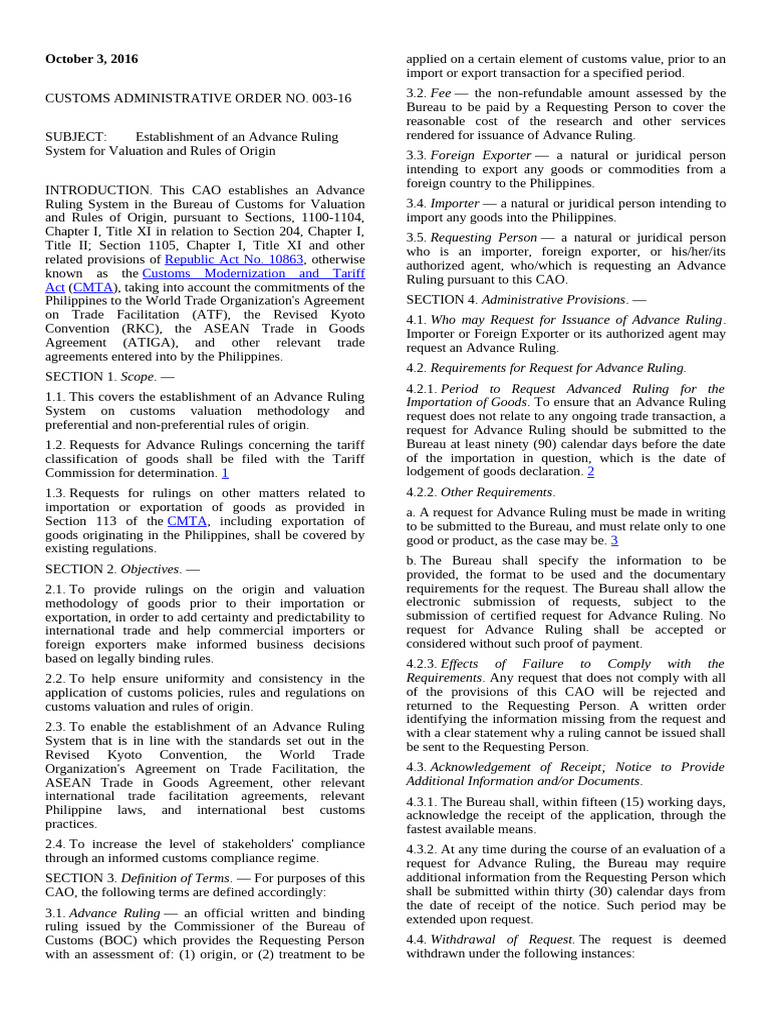 CAO 03-2016 Establishment of An Advance Ruling System For Valuation and ...