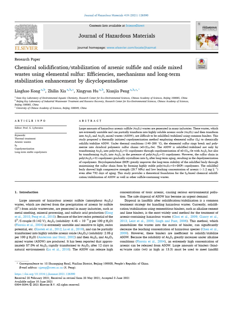 Chemical Solidification Stabilization of Arsenic Sulfide and 2021 ...