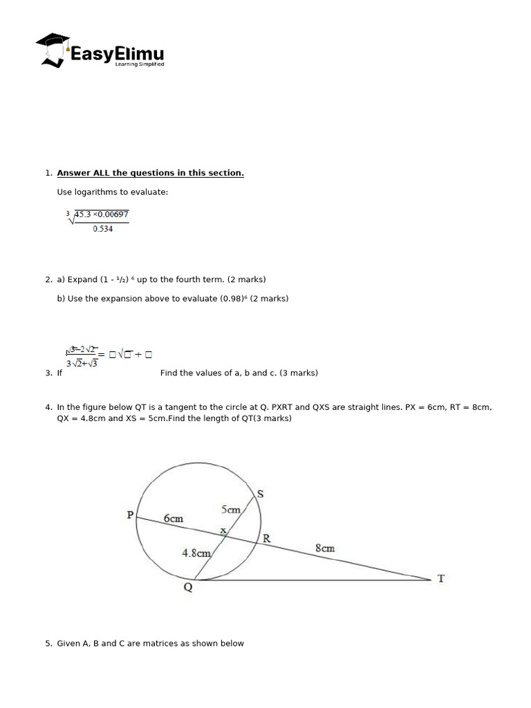 KCSE 2025 Mathematics Paper 2 Mock | PDF | Circle | Matrix (Mathematics)