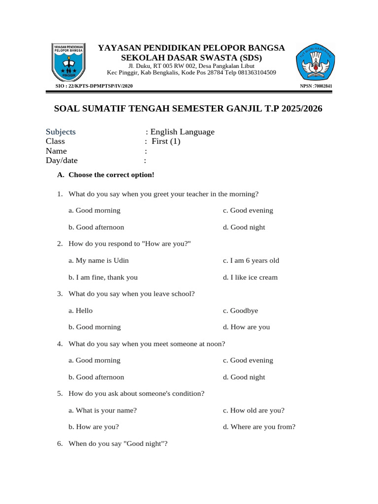 Soal Bahasa Inggris Kelas 1 SD | PDF | Chess Theory | Chess