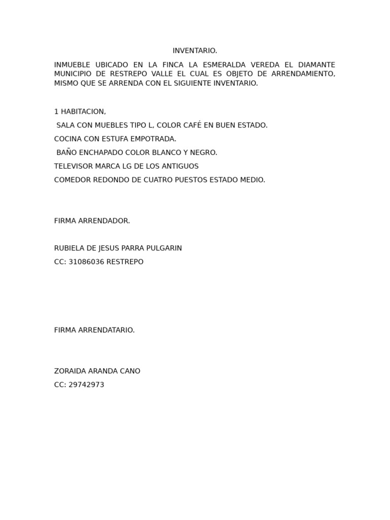 Inventario de Arrendamiento en Restrepo | PDF
