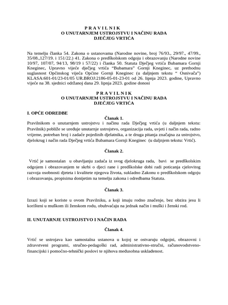 Pravilnik o Unutarnjem Ustrojstvu 2023. | PDF