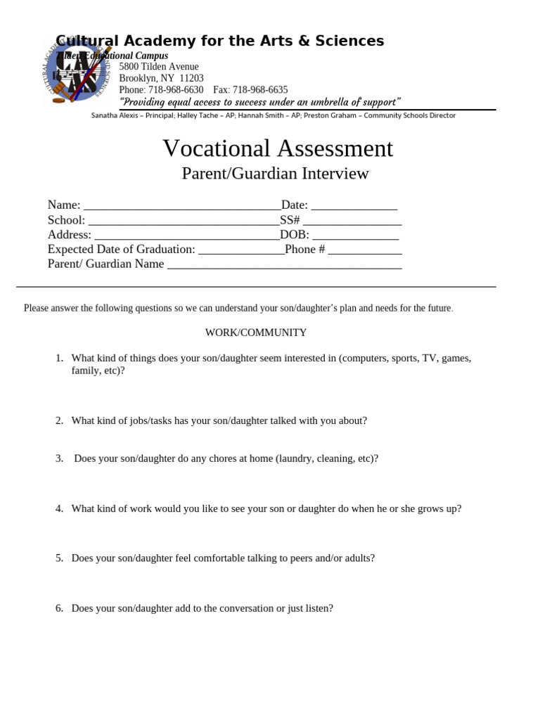 Vocational Assessment Parent Interview Form | PDF