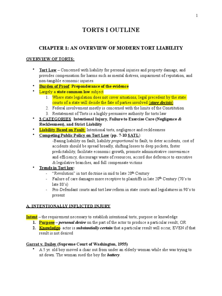 Torts I Outline: Chapter 1: An Overview of Modern Tort Liability ... Torts I Outline: Chapter 1: An Overview of Modern Tort Liability ...