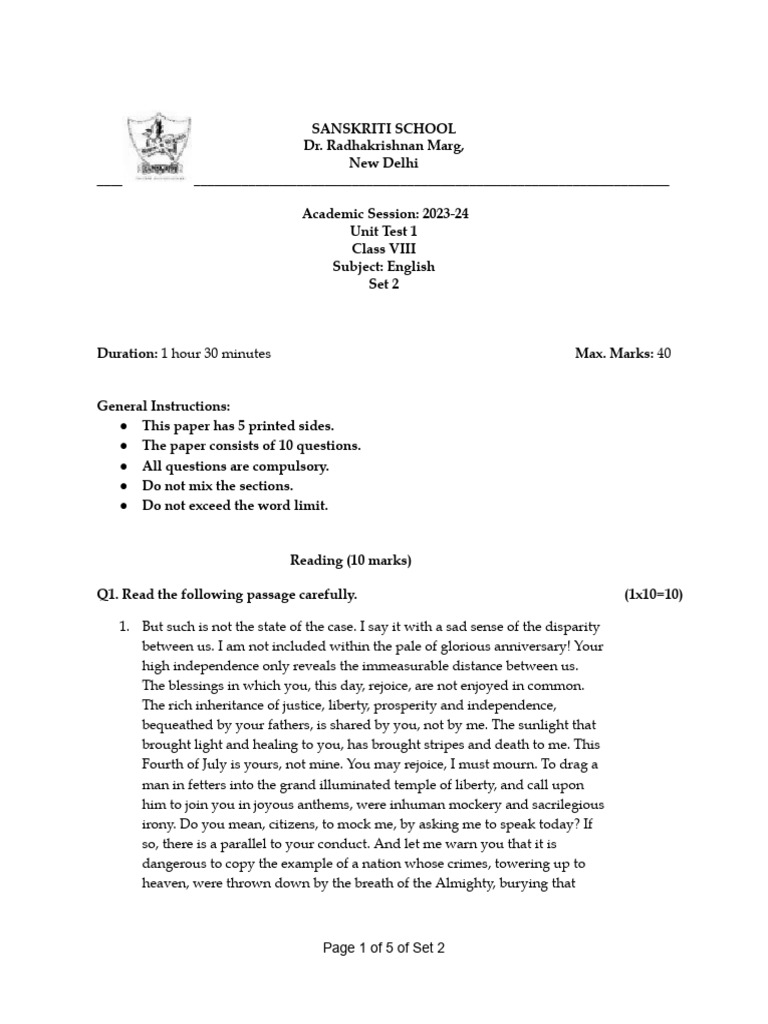 Class VIII English Unit Test 2023-24 | PDF | Frederick Douglass