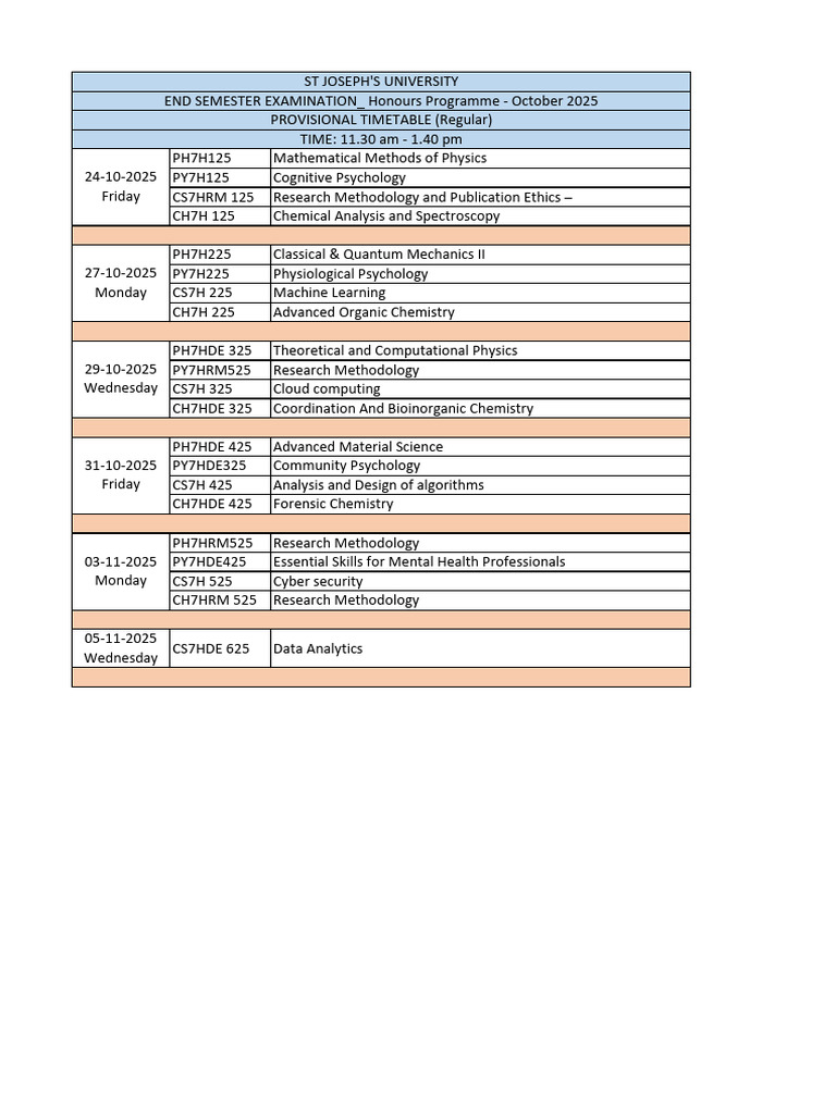 St. Joseph's University Exam Timetable 2025 | PDF