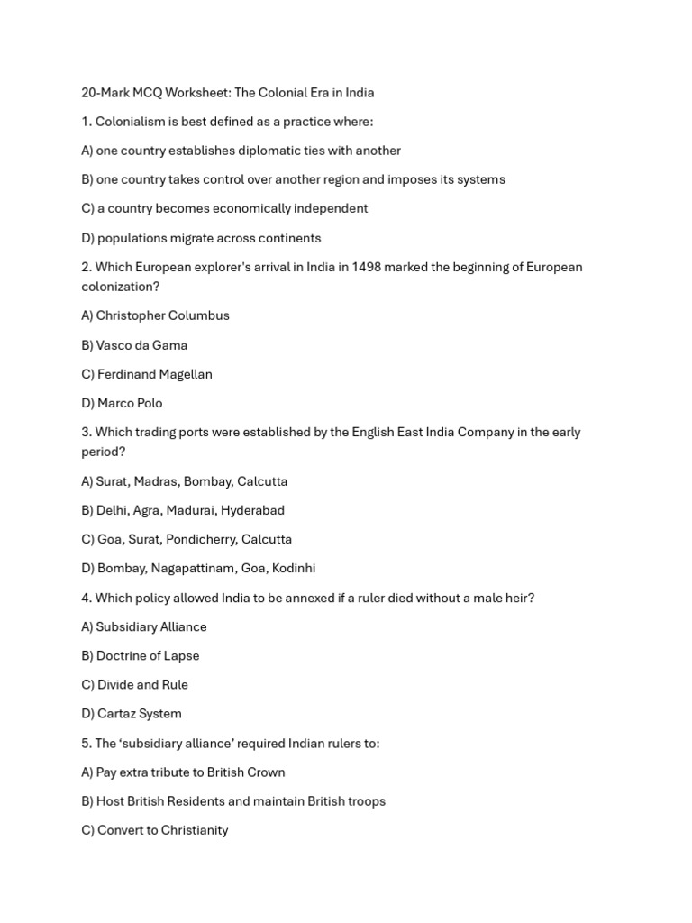 Colonial Era in India: 20 MCQs Worksheet | PDF | Indian Rebellion Of ...