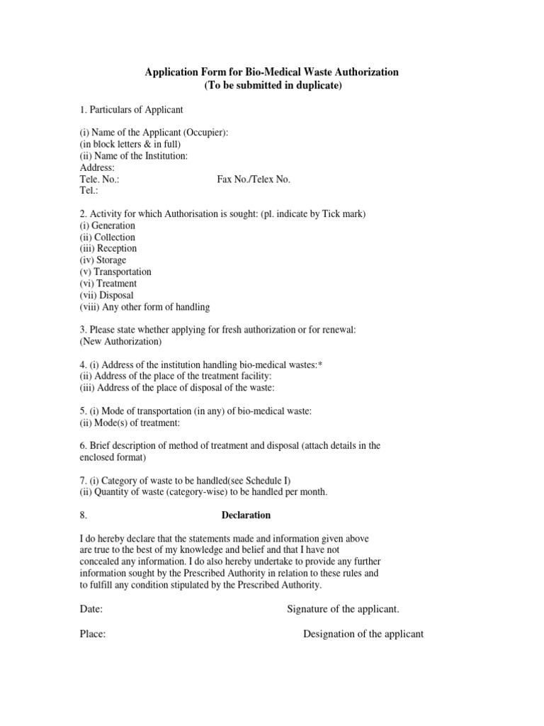 Application Form For Bio-Medical Waste Authorisation | PDF | Waste | Environmental Issues