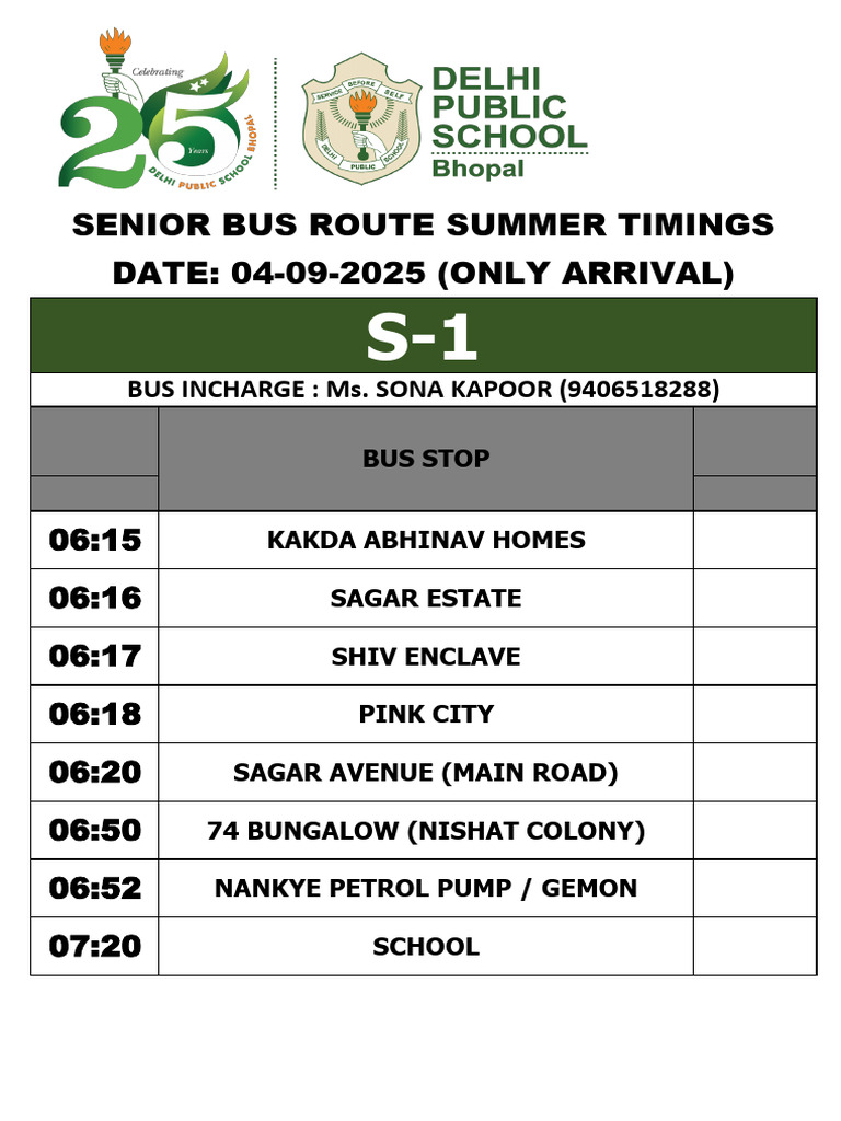 Senior Bus Route Summer Timings 2025 | PDF