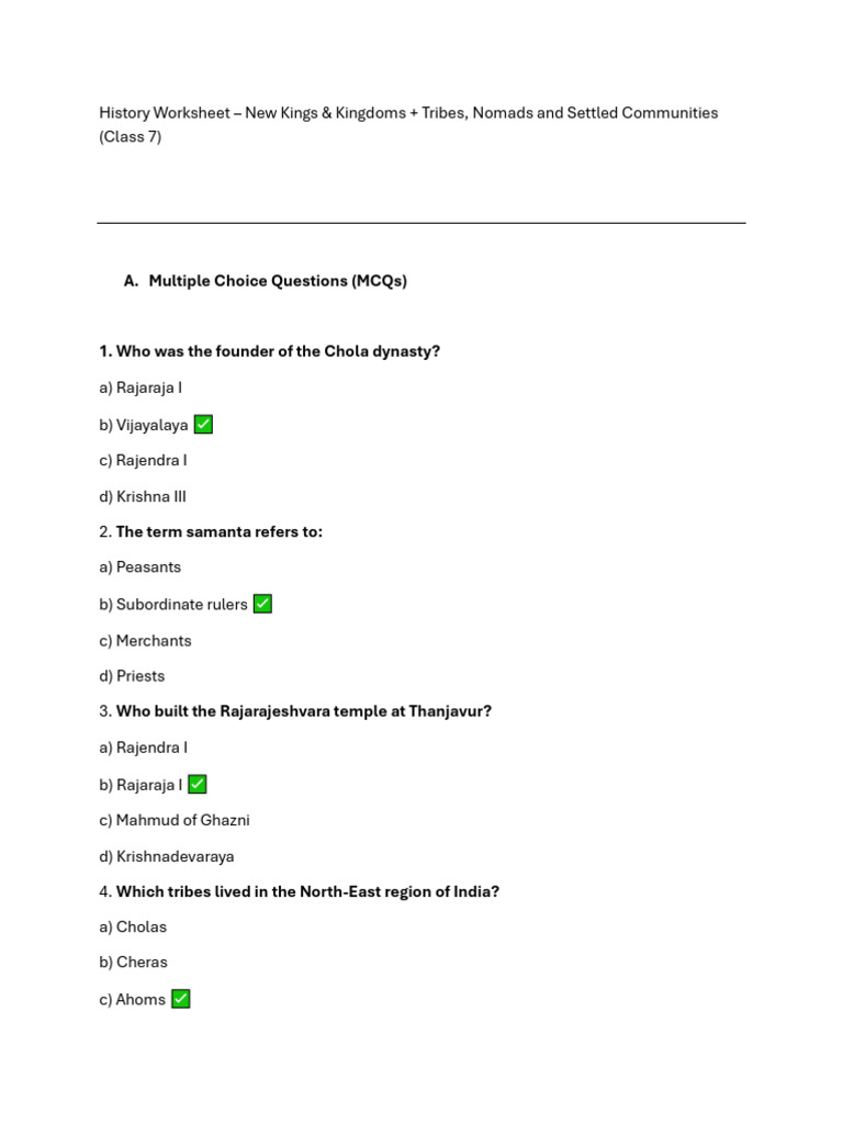 Chola Dynasty History Worksheet for Class 7 | PDF