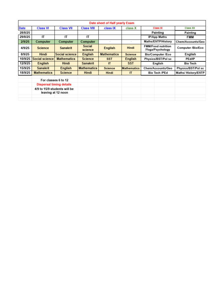 Half-Yearly Exam Schedule for Classes 6-12 | PDF