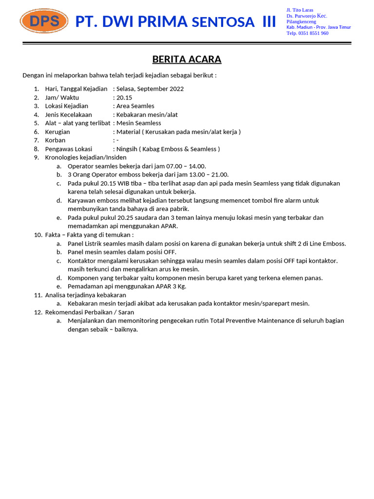 Laporan Kebakaran Mesin Seamless PT DWI | PDF