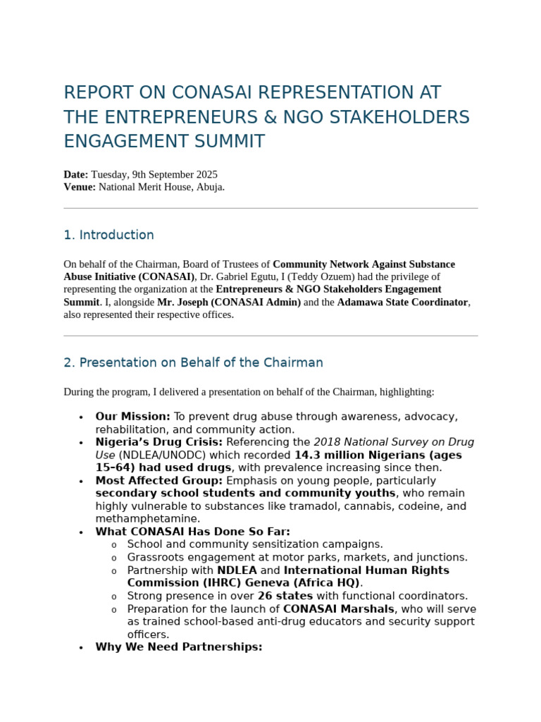 Report On Conasai Representation at The Entrepreneurs & Ngo ...