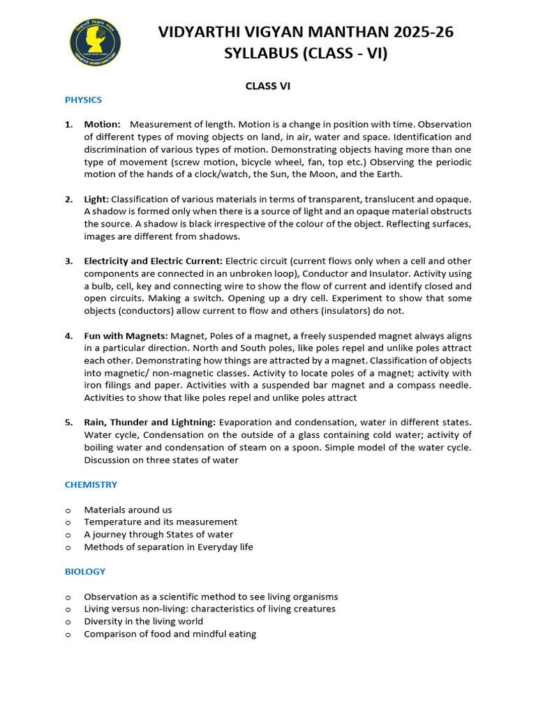 Syllabus VVM 2025 26 Class Vi | PDF | Numbers | Magnet