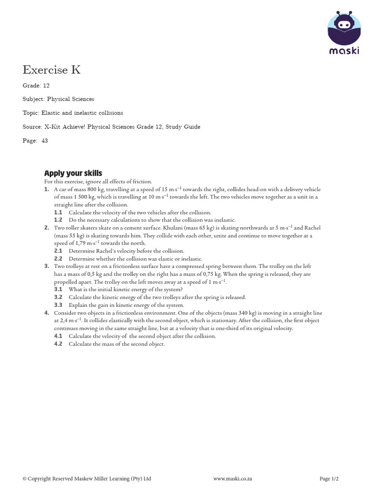 PYC G12 Mechanics Momentum and Impulse Elastic and Inelastic Collisions Exercise K P43 074642 ...