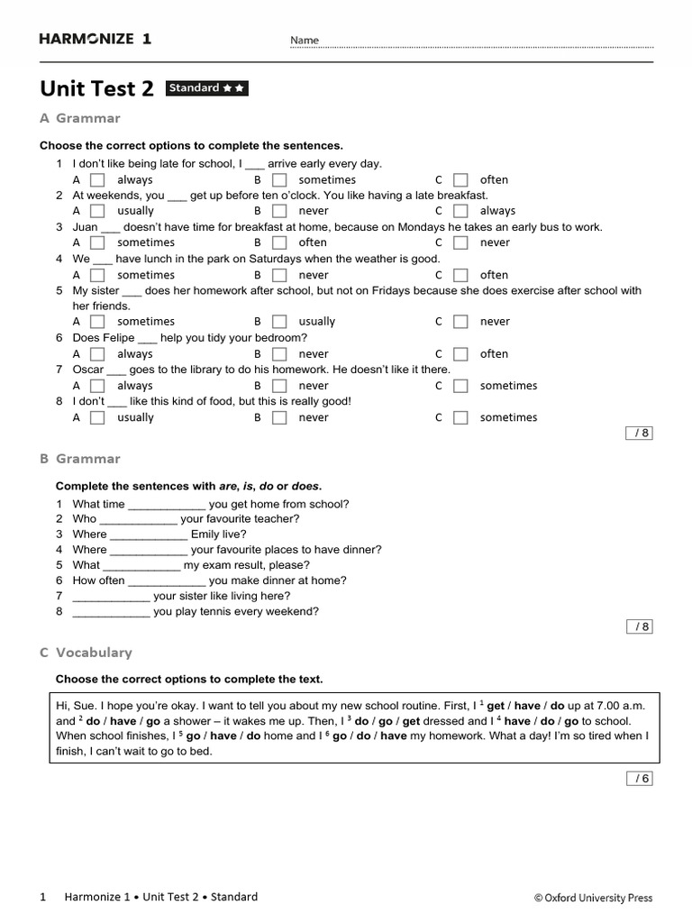 Harmonize - 1 - Unit 2 Test - Standard | PDF