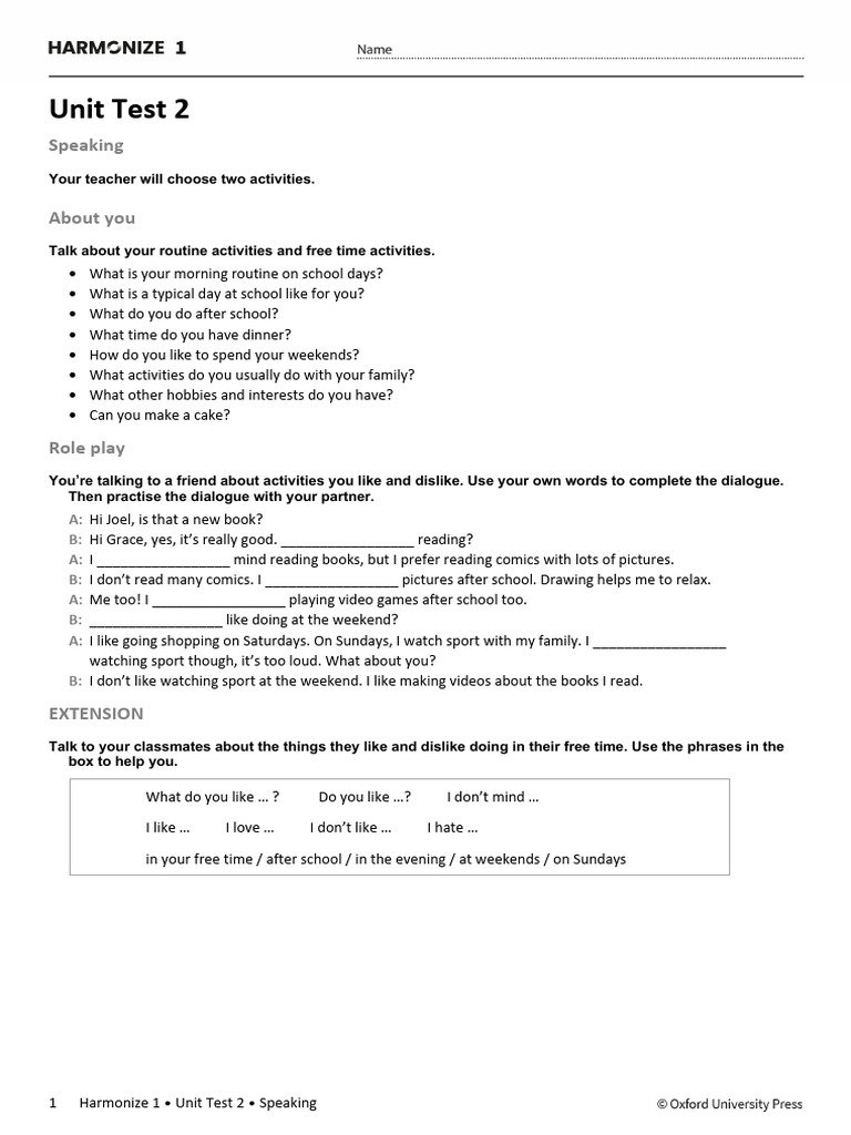 Harmonize 1 Unit 2 Test Speaking | PDF