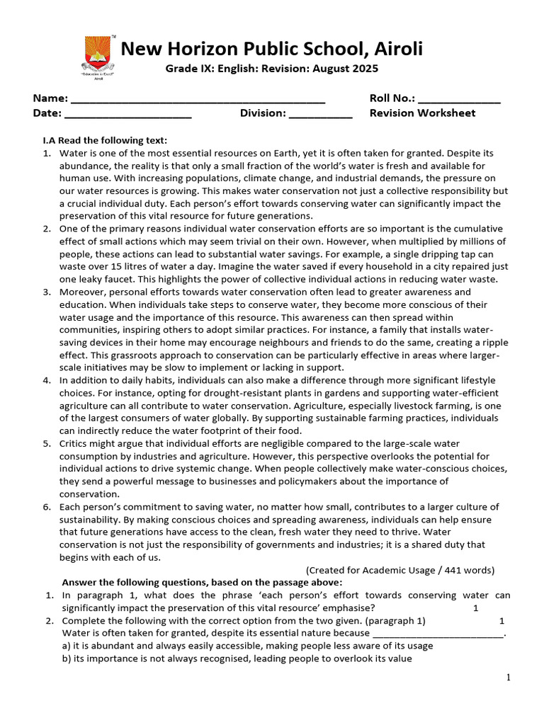 Water Conservation Awareness Worksheet | PDF | Agriculture | Water Conservation