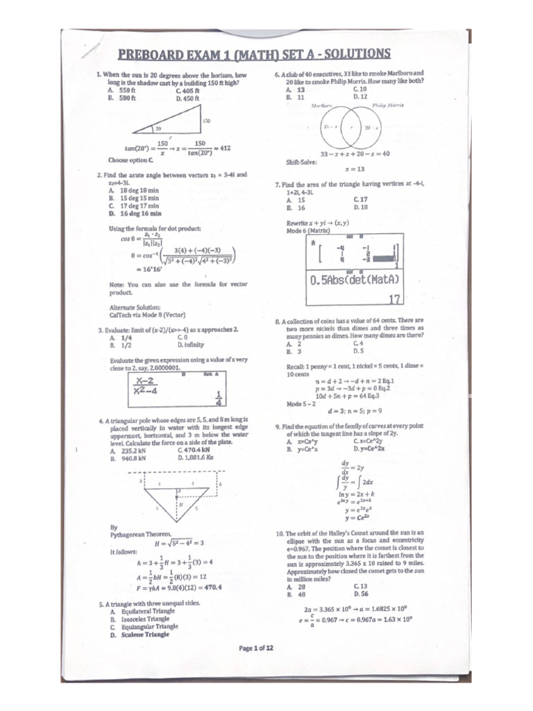 Preboard Exam 1 Math Set A Solutions | PDF