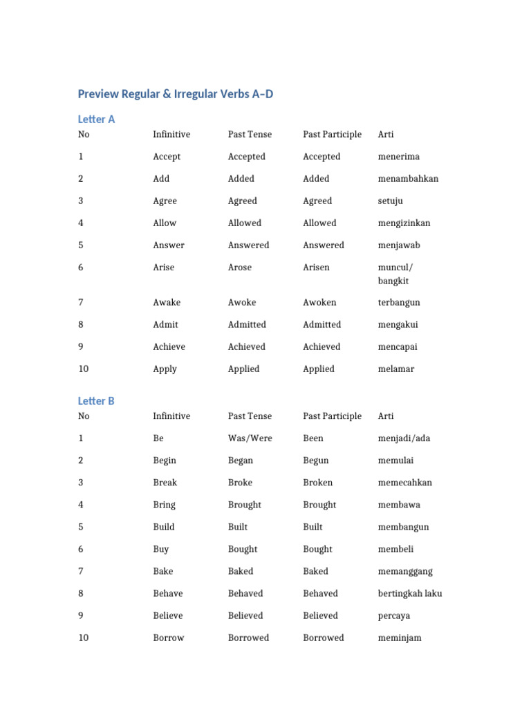Preview Regular Irregular Verbs AtoD | PDF | Linguistic Typology | Languages Of Europe