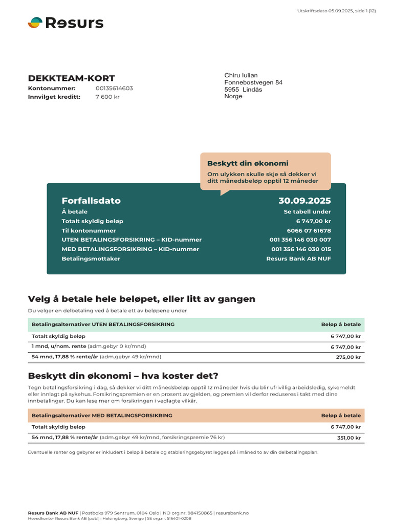 2025.09.11 Resurs Bank AB NUF Faktura Fra Resurs Bank | PDF
