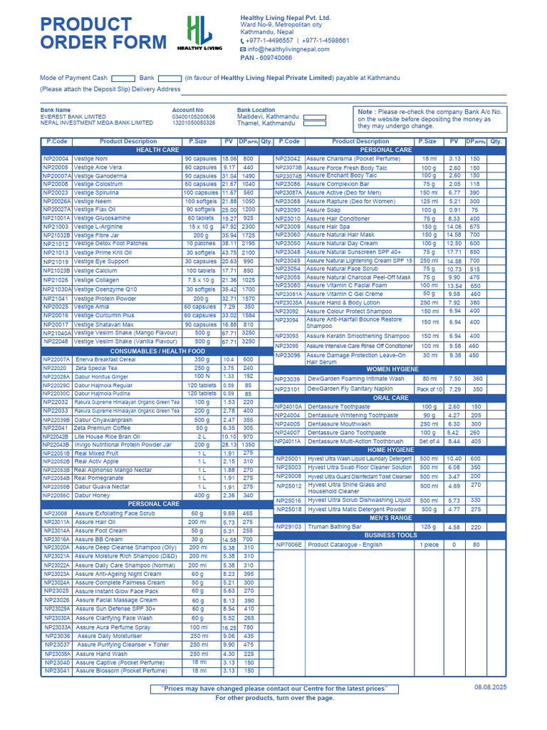 Product Order Form Nepal2025 | PDF | Shampoo | Hygiene