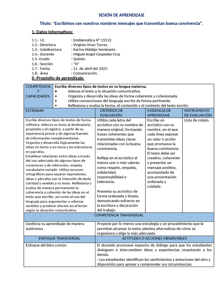 Sesión - Escribimos Acrosticos Con Nuestros Nombres | PDF | Aprendizaje ...