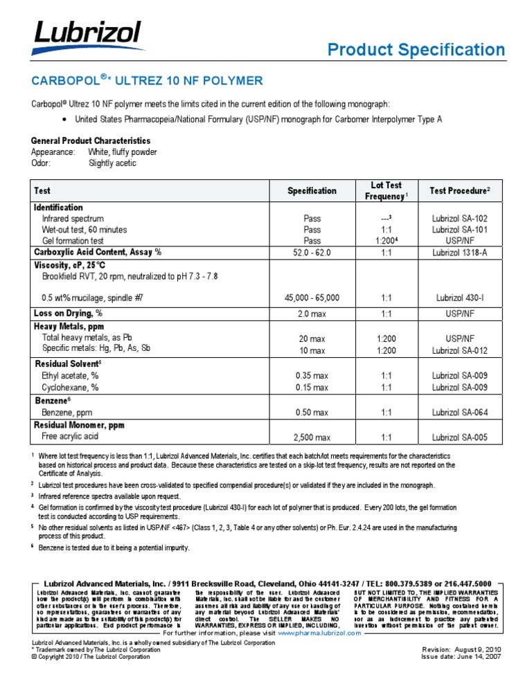 SPEC Carbopol Ultrez 10 NF | PDF | Chemical Substances | Chemistry