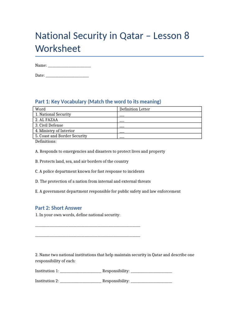 National Security Qatar Worksheet | PDF